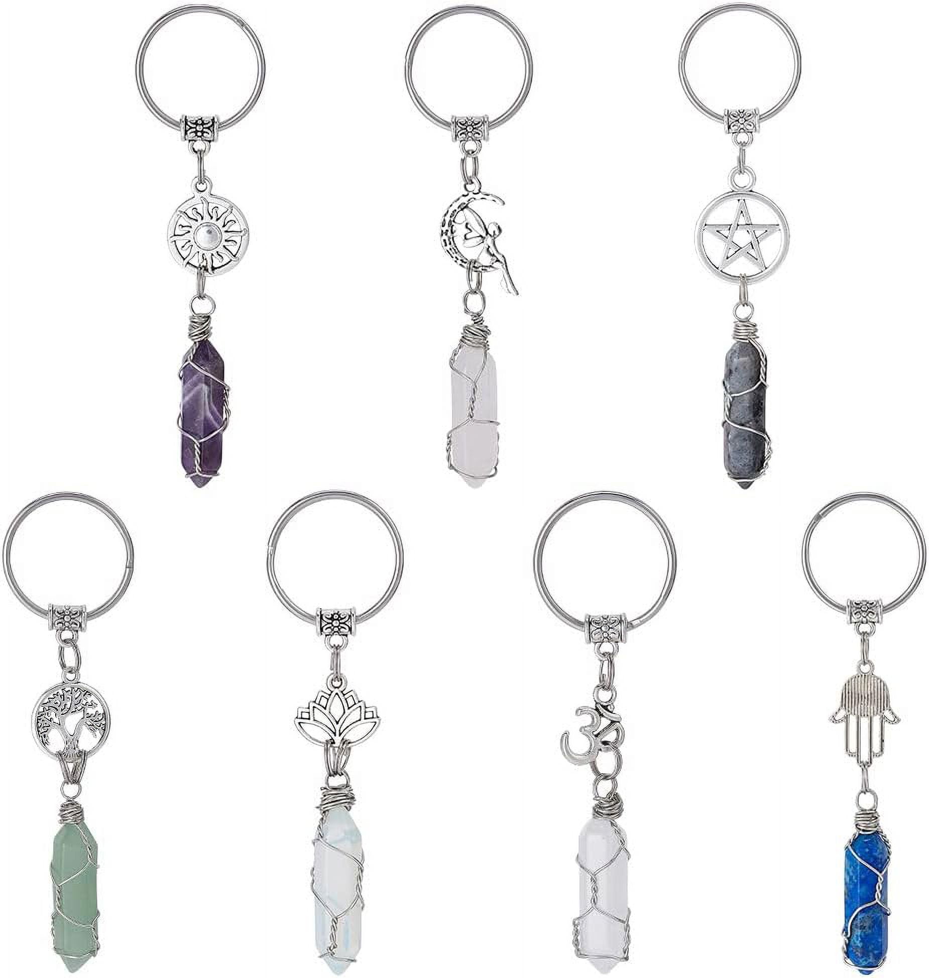 7 Pcs Hexagonal Stone Keychain 7 Styles Gemstone Wire Wrapped Keychain ...