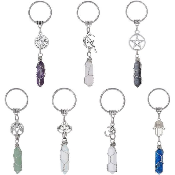 7 Pcs Hexagonal Stone Keychain 7 Styles Gemstone Wire Wrapped Keychain ...