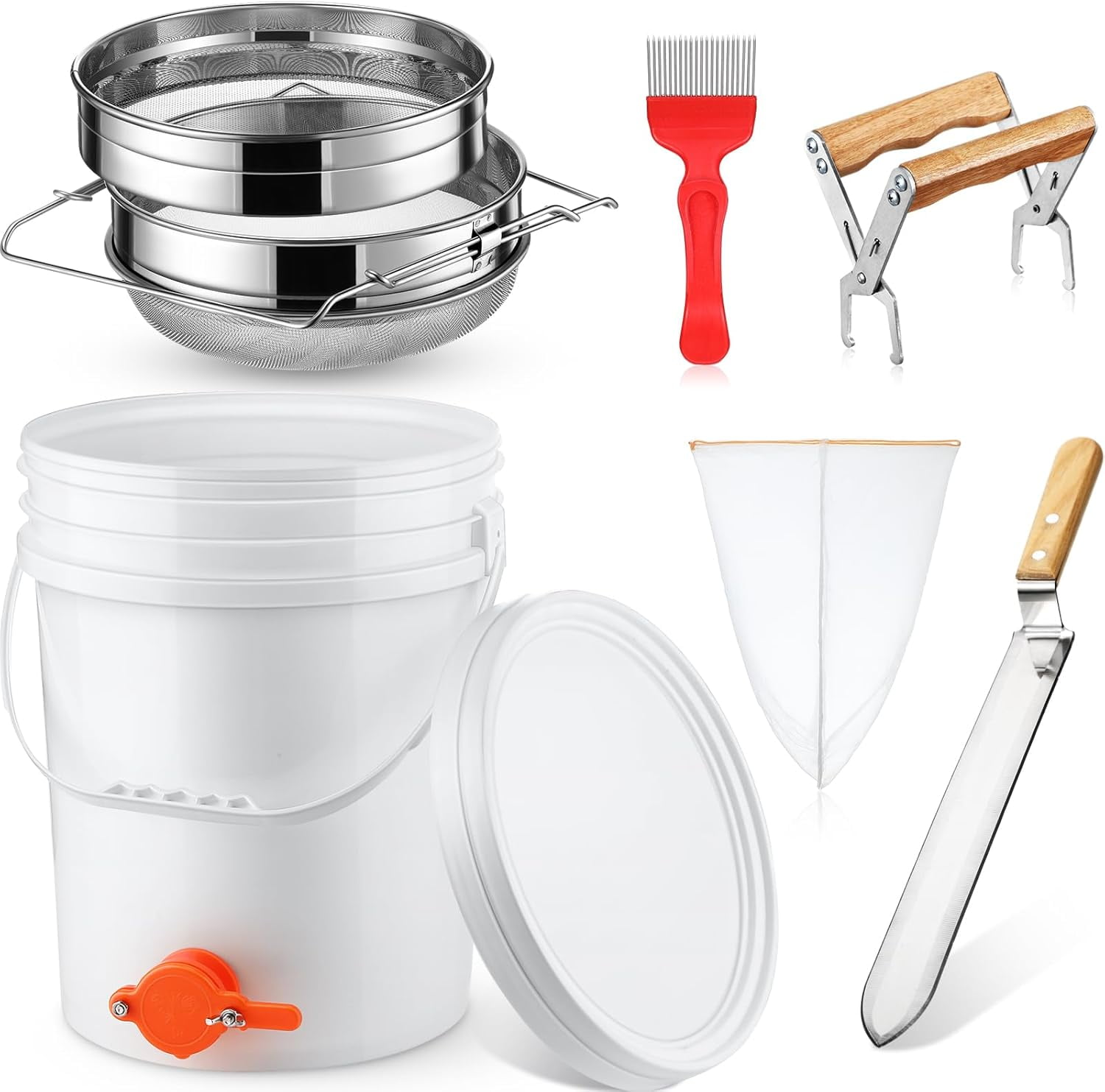 7 Pcs Honey Harvesting Kit, 5 Gallon Honey Bucket with Gate, Double Sieve Stainless Steel ...