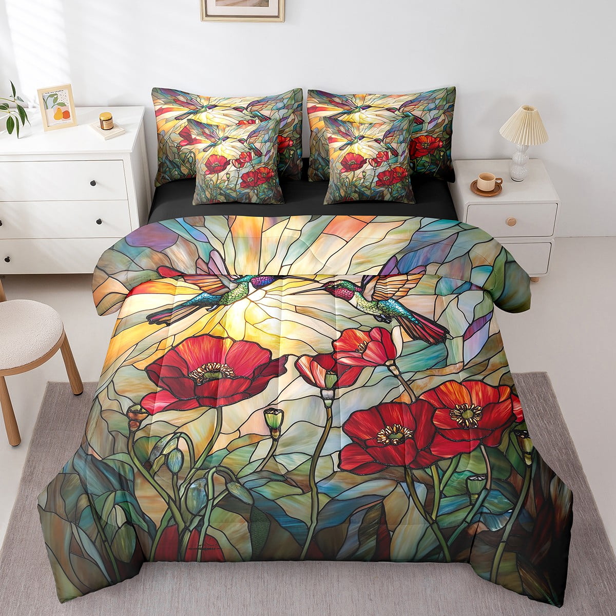 7 Pcs Hummingbird Comforter Set,Rustic Garden Poppy Red Flowers ...