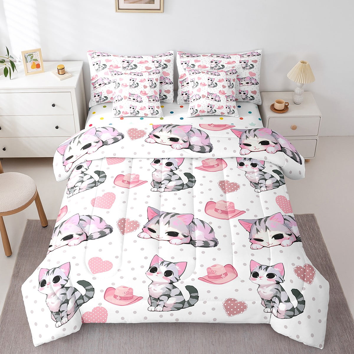7 Pcs Kawaii Cat Bed in a Bag Full Comforter Set,Cartoon Pink Cat Sheet ...