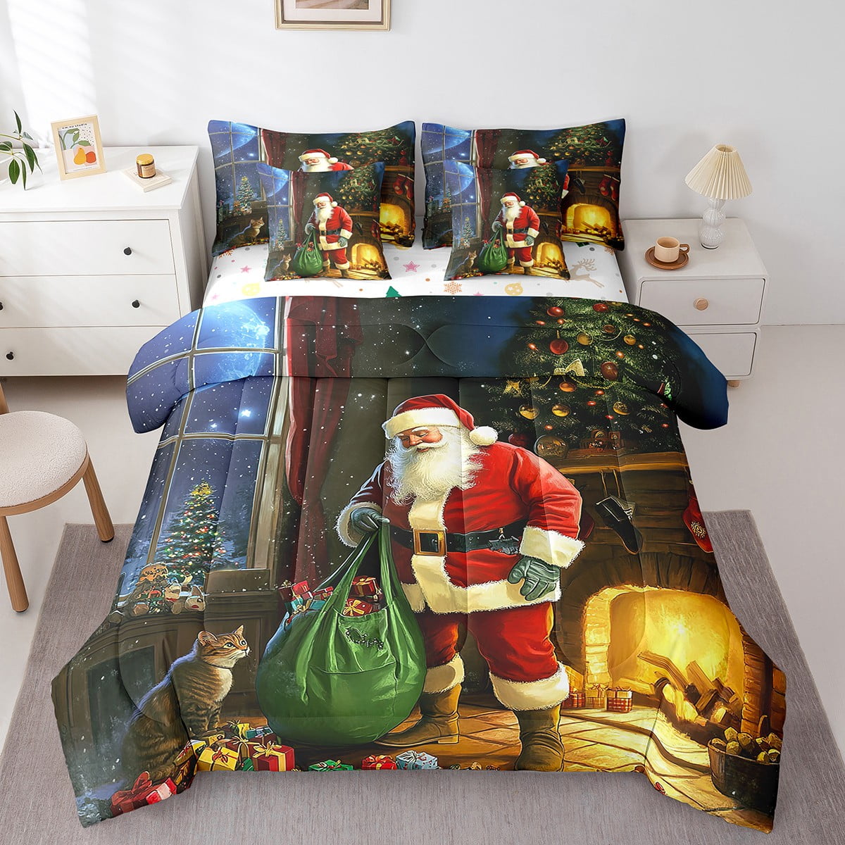 7 Pcs Kids Christmas Twin Bed in a Bag Santa Claus Bedding Set ...