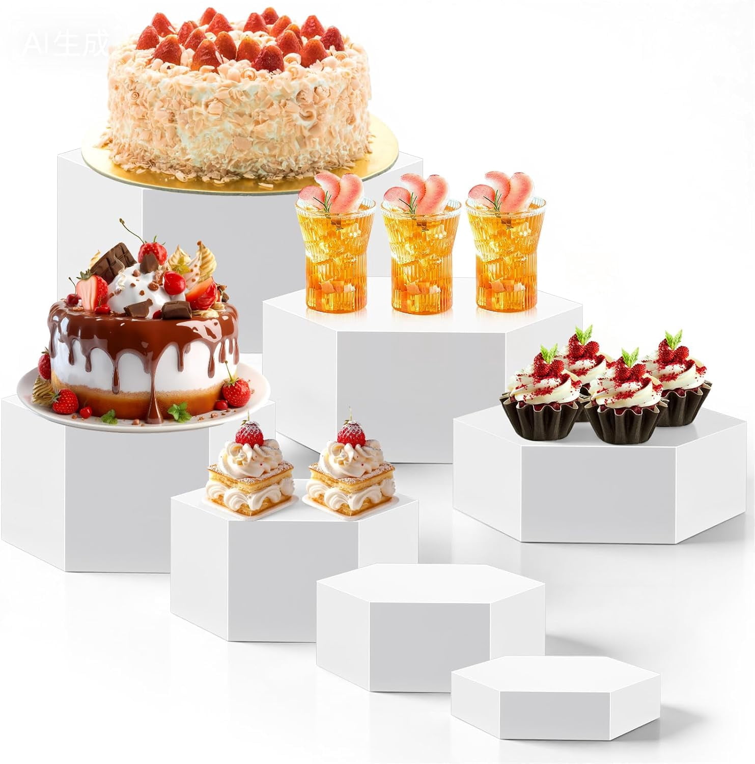 7 Pcs Large Hexagonal Buffet Risers Set 6" to 12" Acrylic Display Box ...