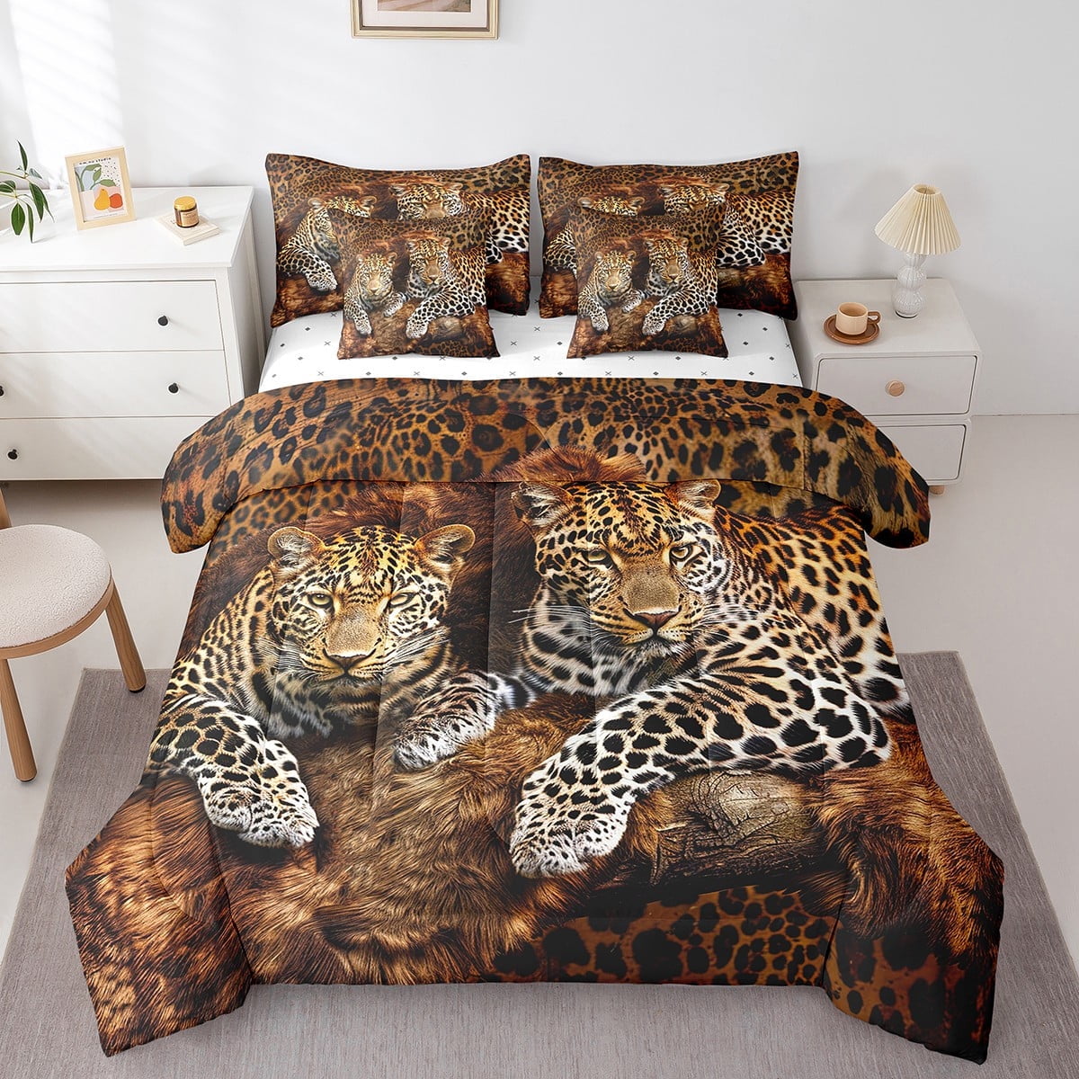 7 Pcs Leopard Comforter Set Queen Size, Leopard Print Faux Animal Bed ...
