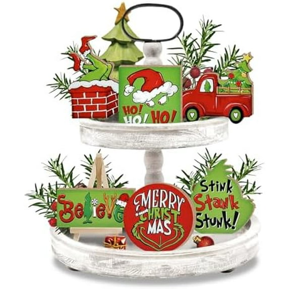 7 Pcs Merry Christmas Tiered Tray Decor, Red Green Xmas Truck Stink ...