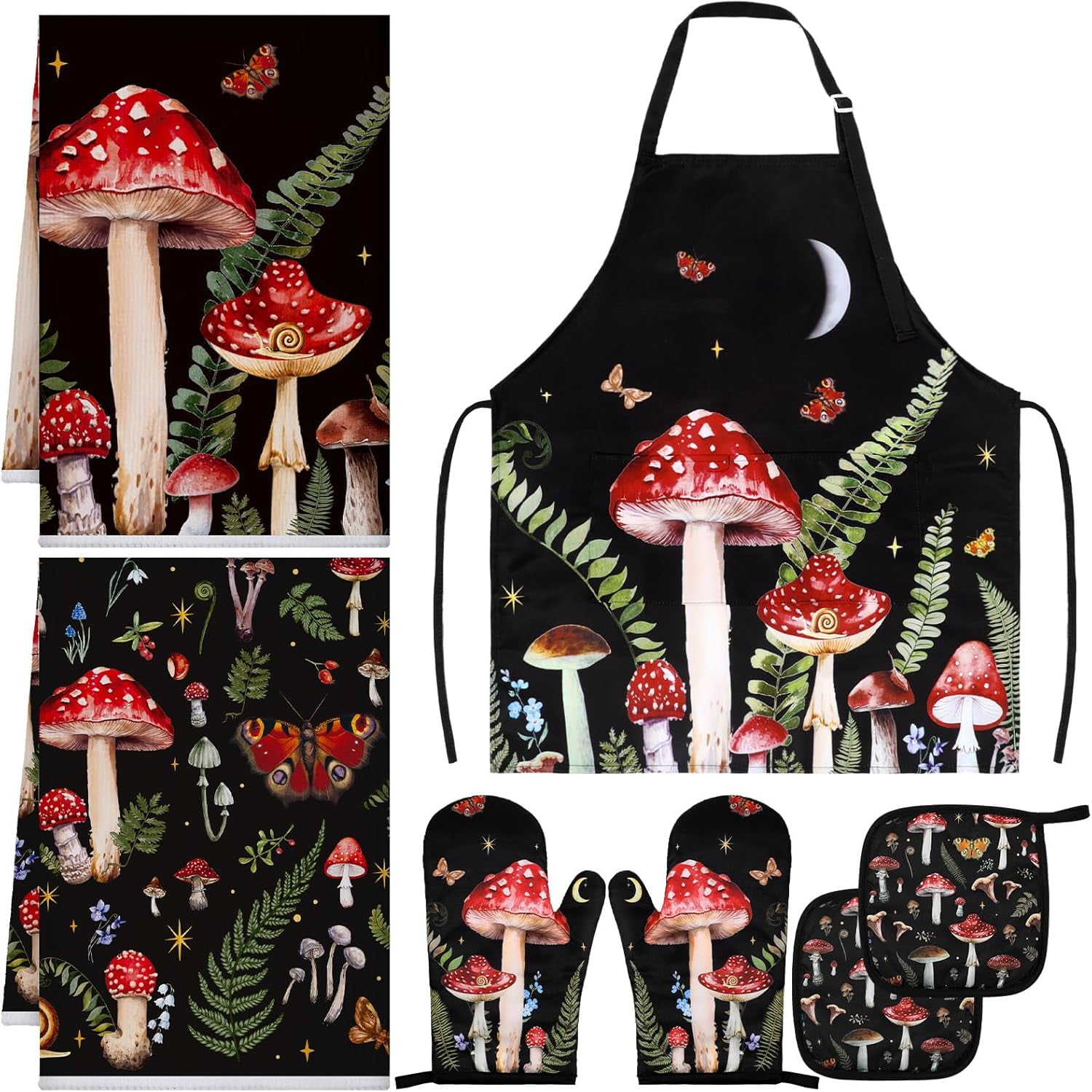 7 Pcs Mushroom Kitchen Linen Set - Durable Polyester Apron, 2 Quick-dry ...