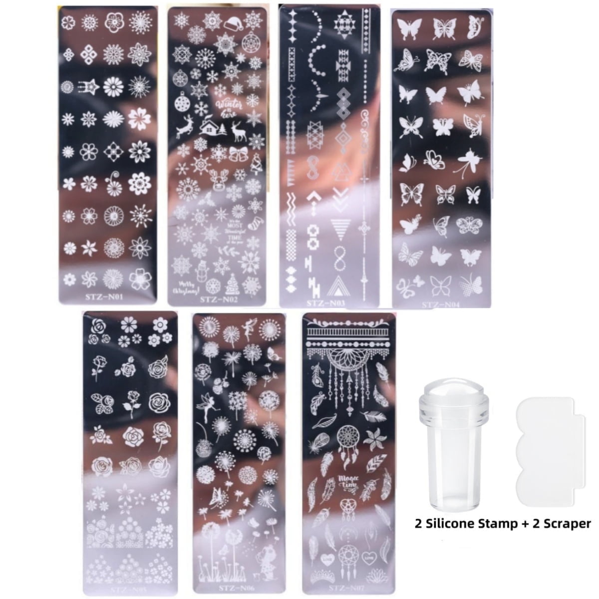 Jademall 7 Pcs Nail Art Stamping Plates Set with Silicone Stamps ...