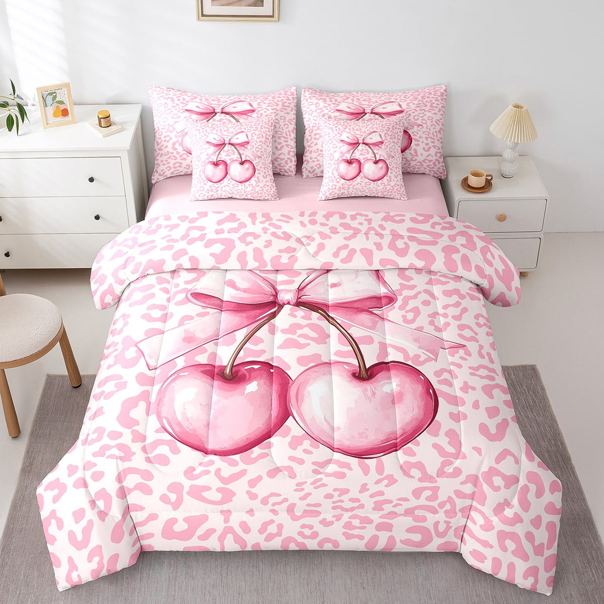 7 Pcs Pink Cherry Bowknot Comforter King,Leopard Cheetah Animal Women ...