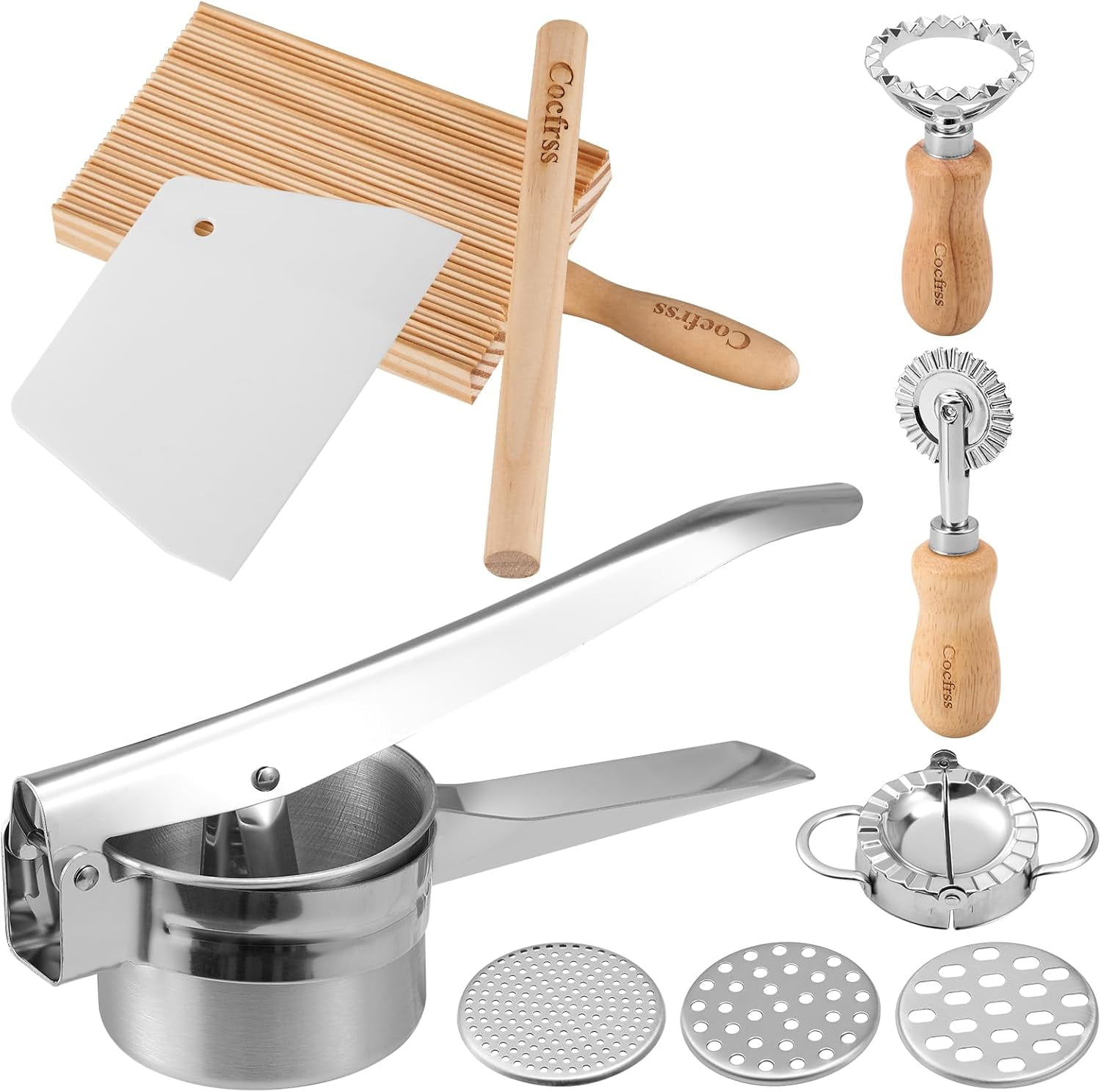 7 Pcs Potato Ricer & Gnocchi Board Kit with Dough Scraper, Ravioli ...