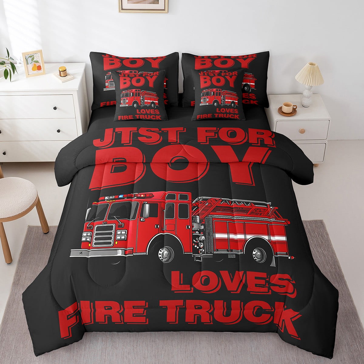 7 Pcs Red Fire Truck Comforter Set King Size,Tractor Bed in a Bag with ...