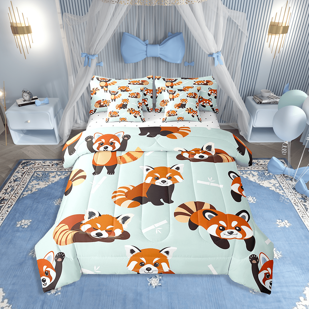 7 Pcs Red Panda Bedding Set Queen Comforter Set,Kawaii Animal Print Bed ...