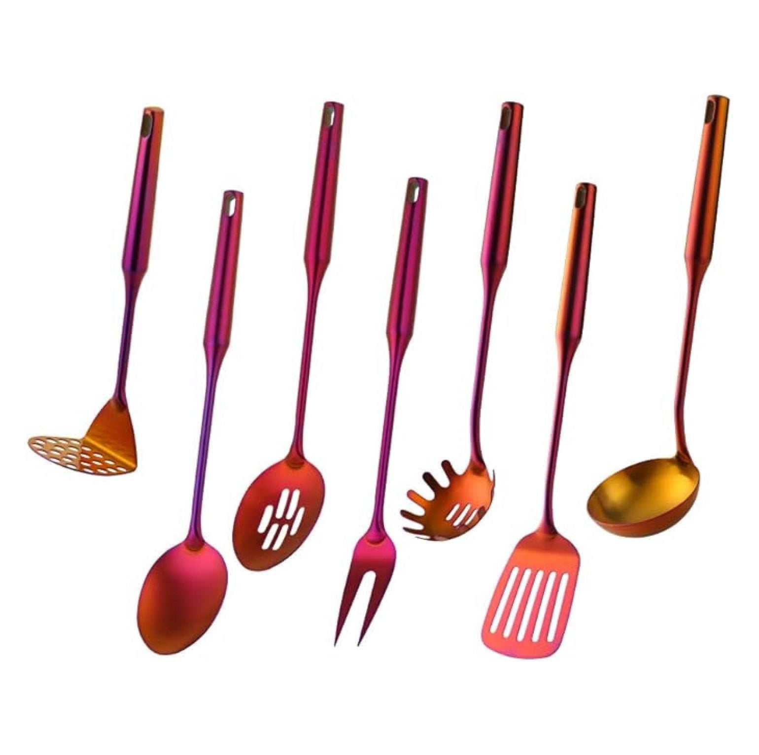 7 Pcs Round Handle Cooking Utensil Set, 304 Stainless Steel Orange ...
