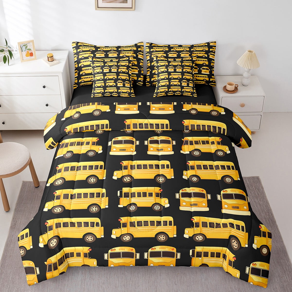7 Pcs School Bus Bedding Sets Cartoon Vehicle Decor Bed in a Bag King ...