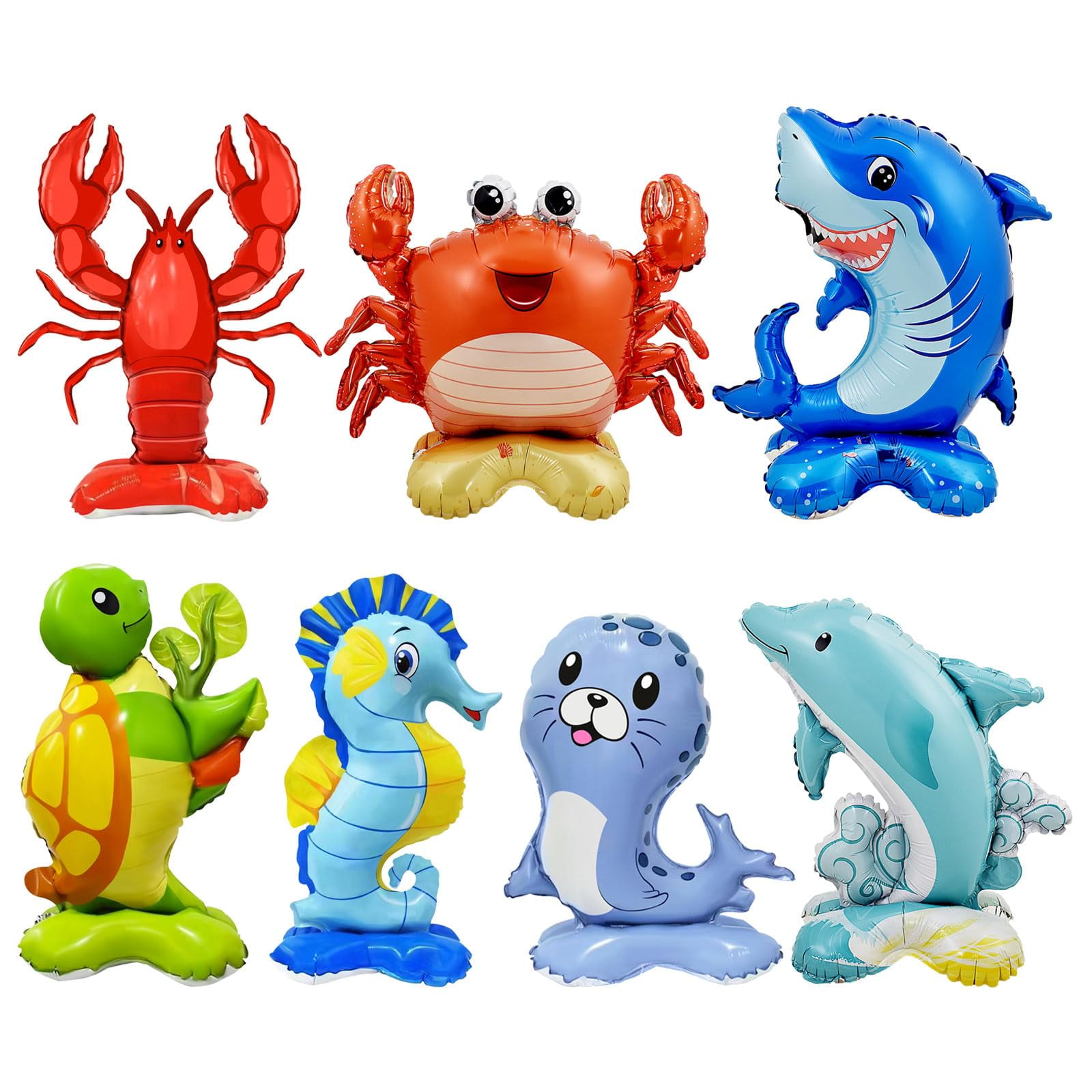 7 Pcs Sea Animal Balloons - Standing Sea Turtle Seahorse Dolphin Shark ...