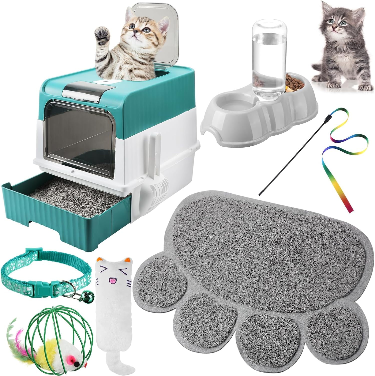 7 Pcs Small Cat Kitten Starter Kit Cat Litter Box with Shovel Paw ...