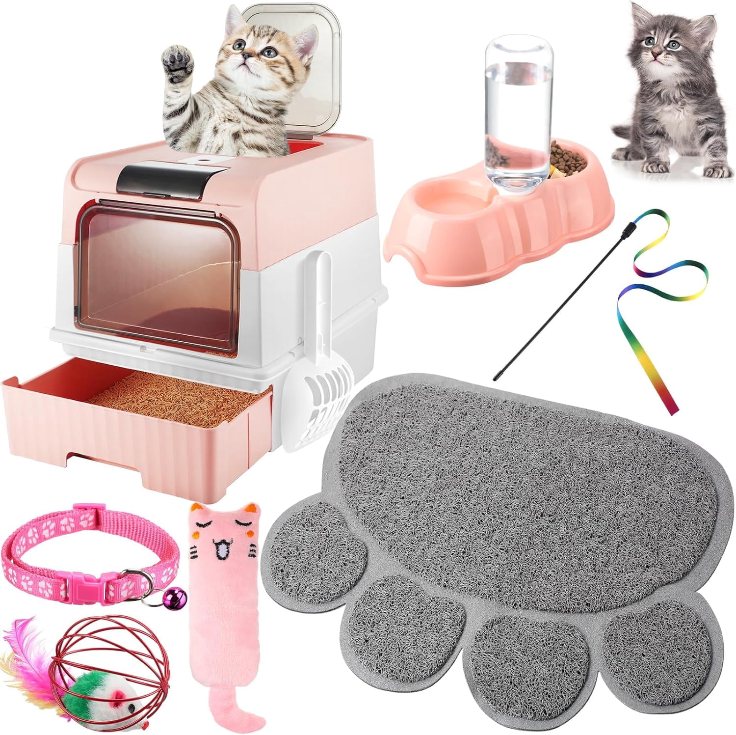 7 Pcs Small Cat Kitten Starter Kit Cat Litter Box with Shovel Paw ...