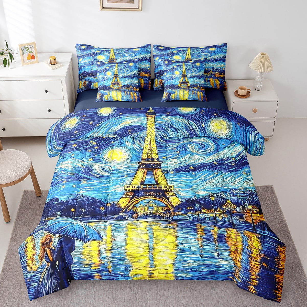 7 Pcs Stars Starry Sky Bed in a Bag Twin Comforter Set,Eiffel Tower of ...