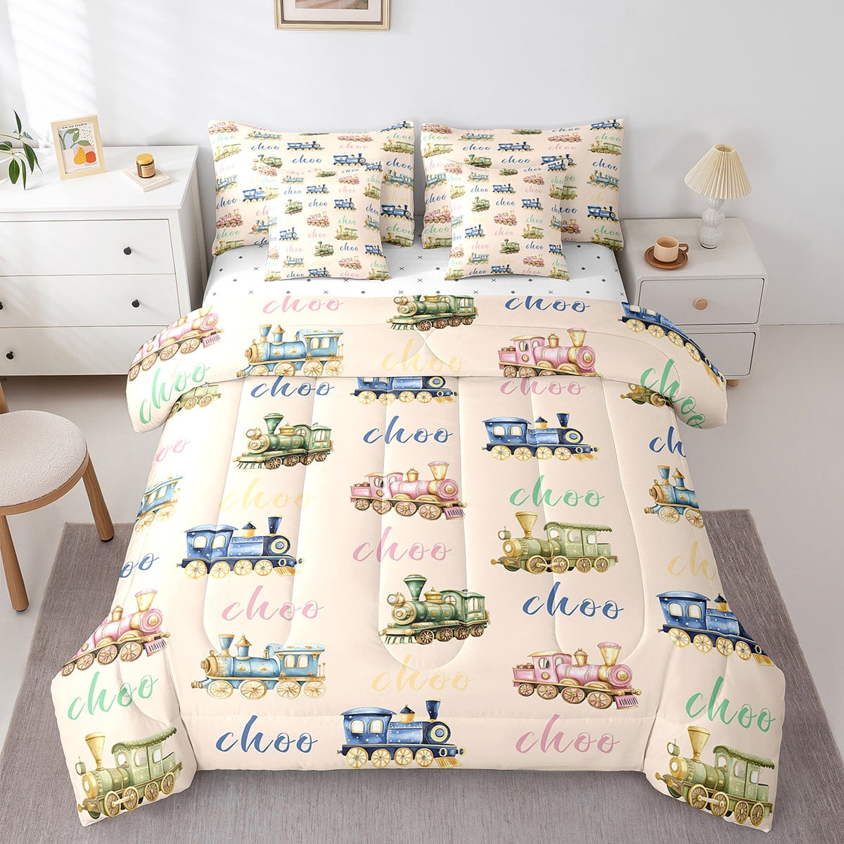 7 Pcs Twin Size Colorful Train Comforter Set,Cartoon Choochoo Engine ...