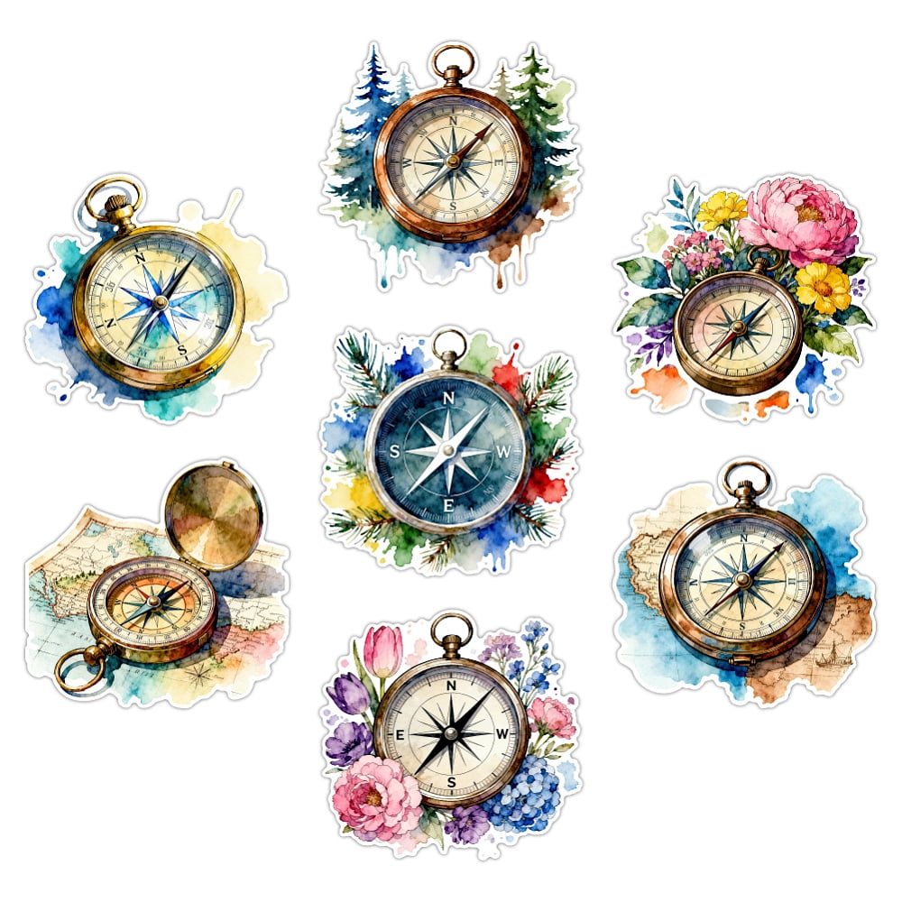 7 Pcs Watercolor Compass Car Stickers Decals Colorful Compass Self ...