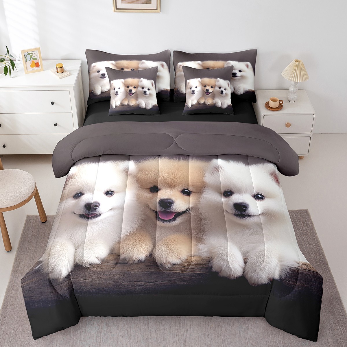 7 Pcs White Dog Bed in a Bag Full Lovely Dog Print Bedding Sets,Kawaii ...