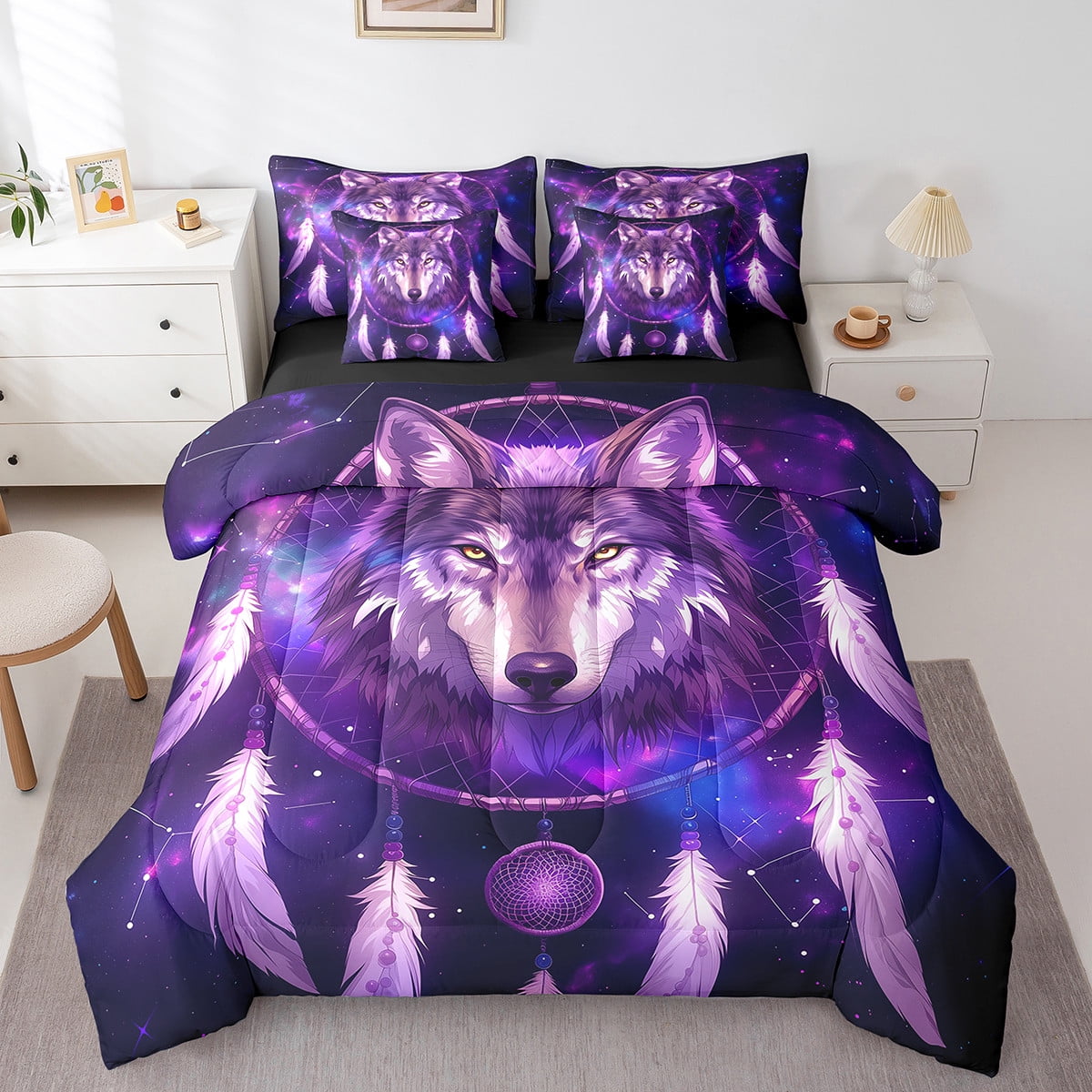 7 Pcs Wolf Bed in a Bag Twin Comforter Set,Boho Dream Catchers Sheet ...