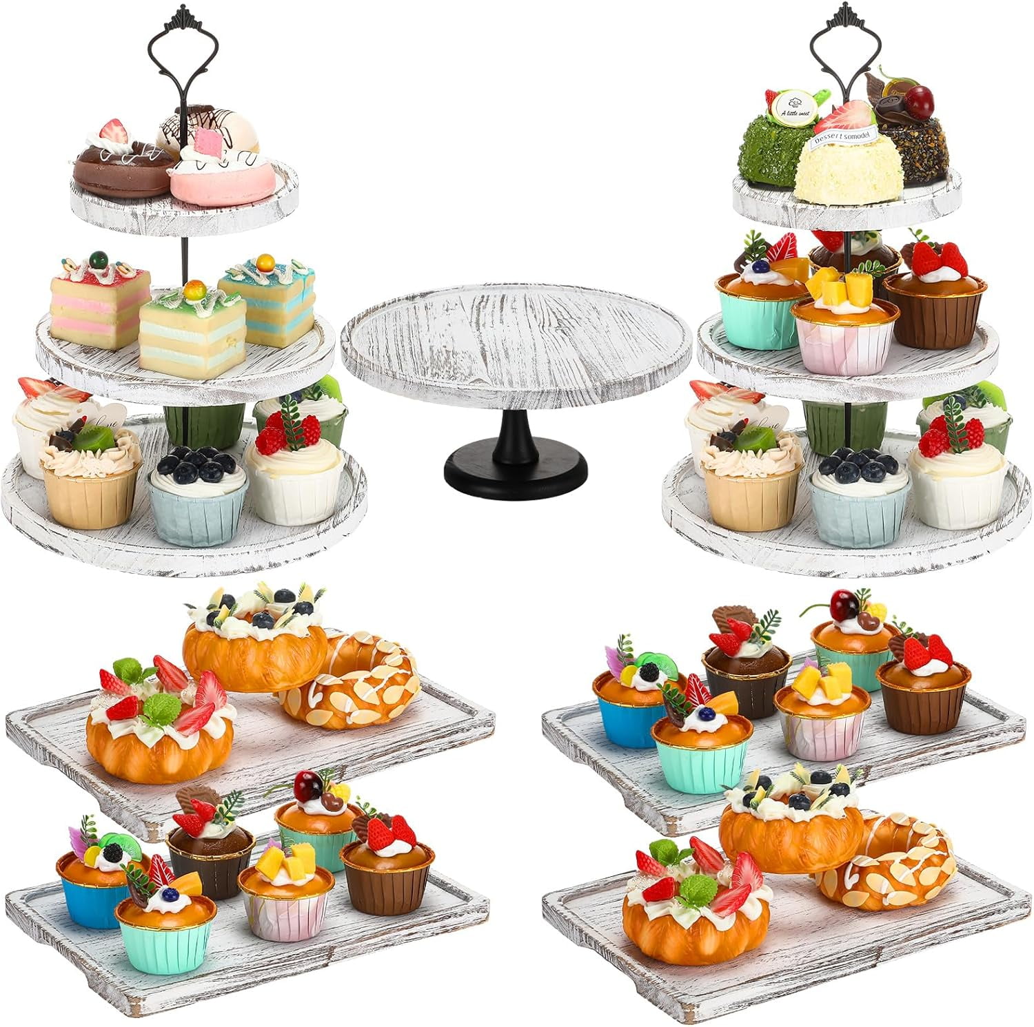 7 Pcs Wood Dessert Table Display Set, 3 Tier Wooden Cupcake Stand Round ...