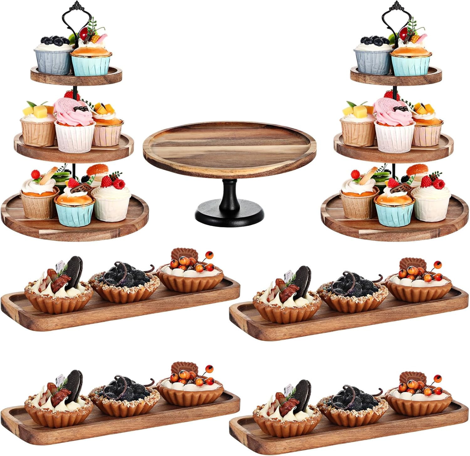 7 Pcs Wood Dessert Table Display Set, 3 Tier Wooden Cupcake Stand Round ...
