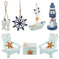 7 Pcs Wooden Lighthouse & Mini Sailboat Deep Blue Model Decoration for ...
