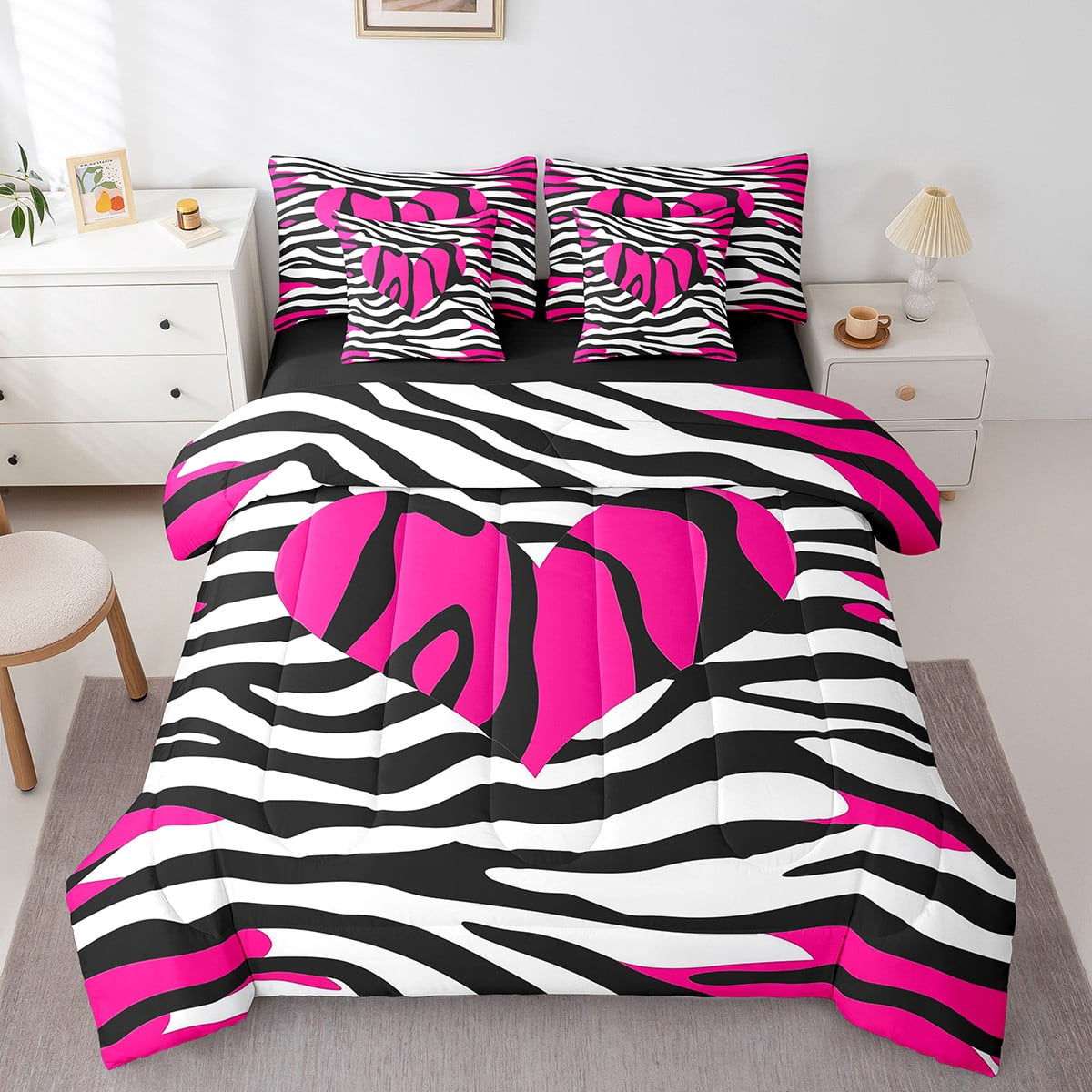 7 Pcs Zebra Print Comforter Set,Rose Pink Love Heart Romantic Valentine ...