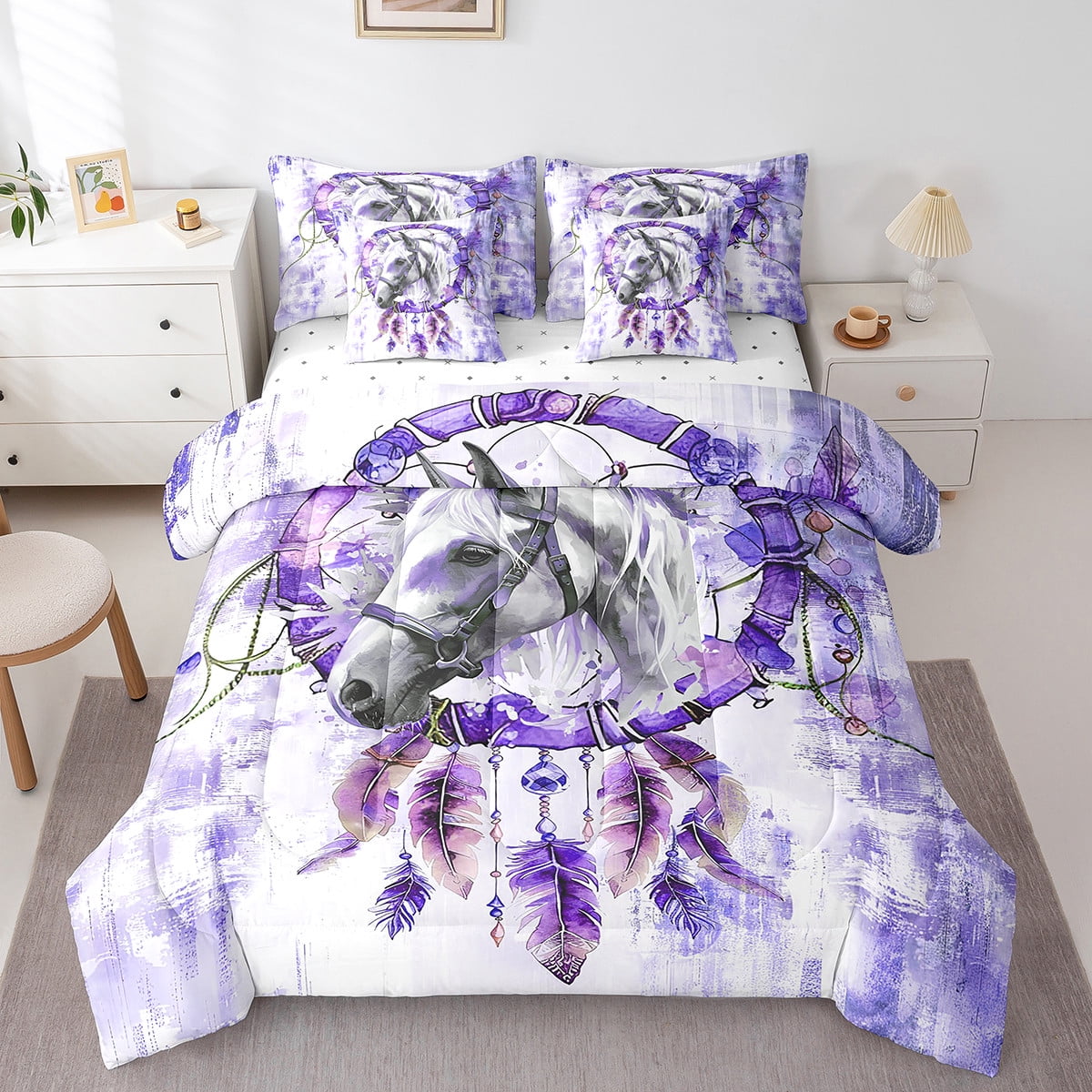 7-Piece 3D Horse Bedding Queen Size Boho Dreamcatcher Comforter Set ...