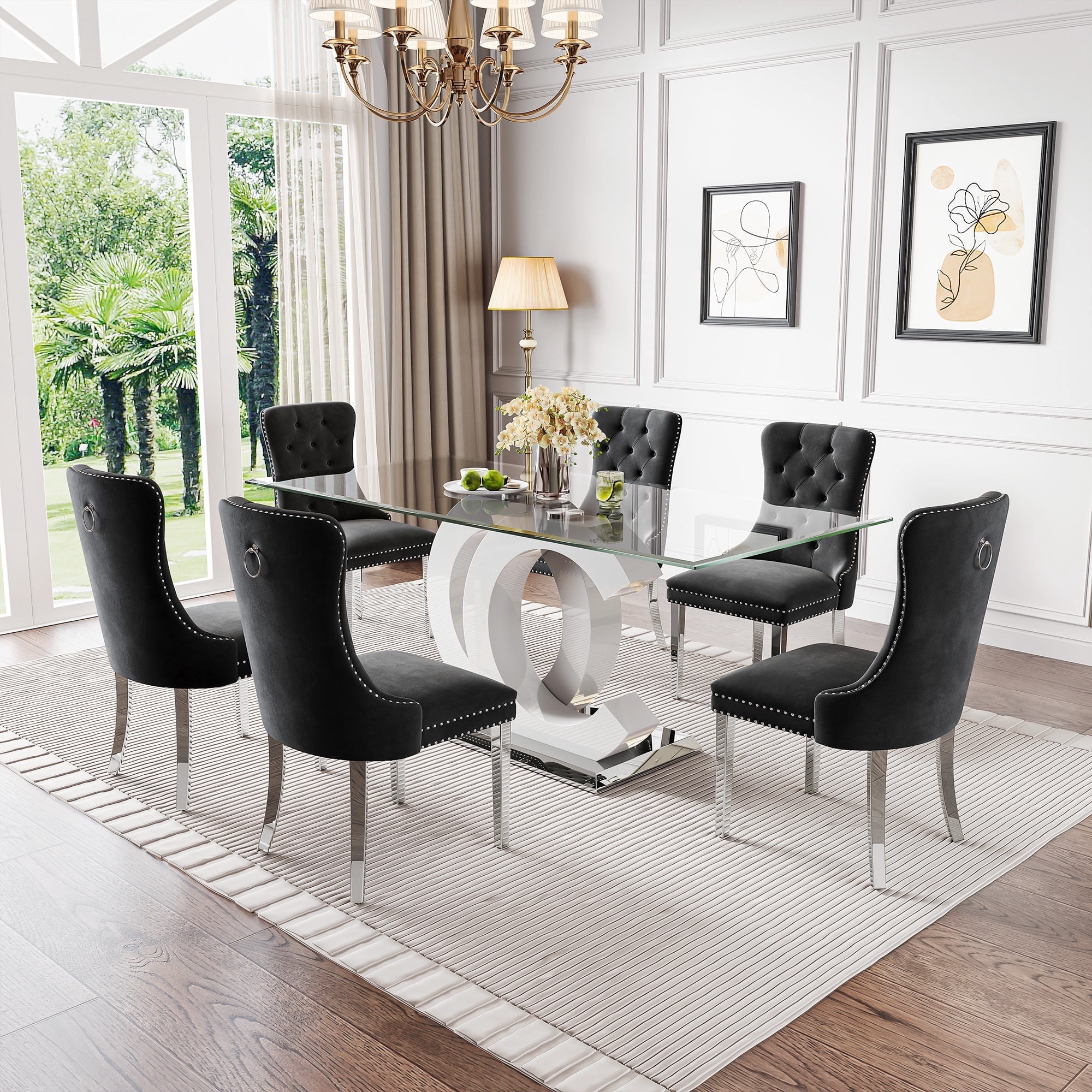 7-Piece 70" Glass Dining Table Set, Tempered Glass Top with OC Shape ...
