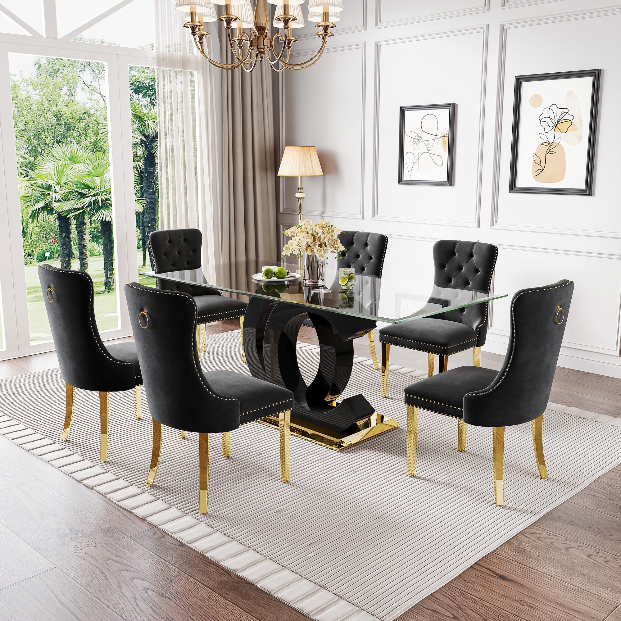 7-Piece 70" Glass Dining Table Set, Tempered Glass Top with OC Shape ...