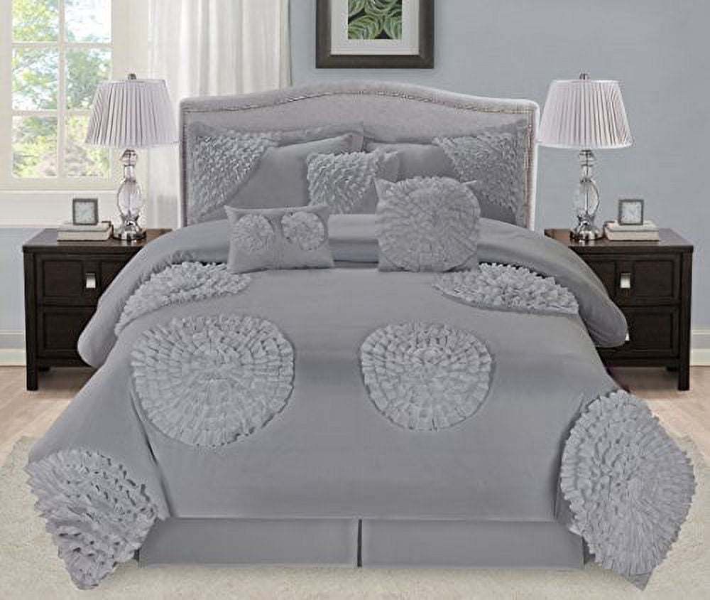 7 Piece Avalon Six Big Flowers Pleated Clearance Bedding Comforter Set