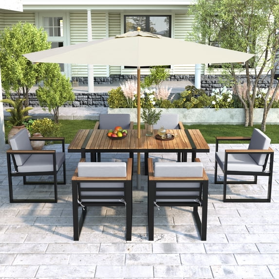 7 Piece Acacia Wood Patio Dining Set with Cushions – Table & 6 Chairs ...