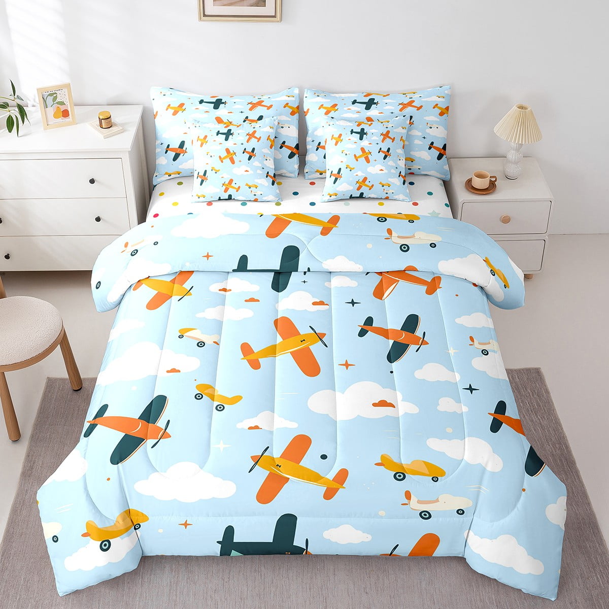 7 Piece Aircraft Bed in a Bag Cute Cartoon Themed Bedding Sets for ...