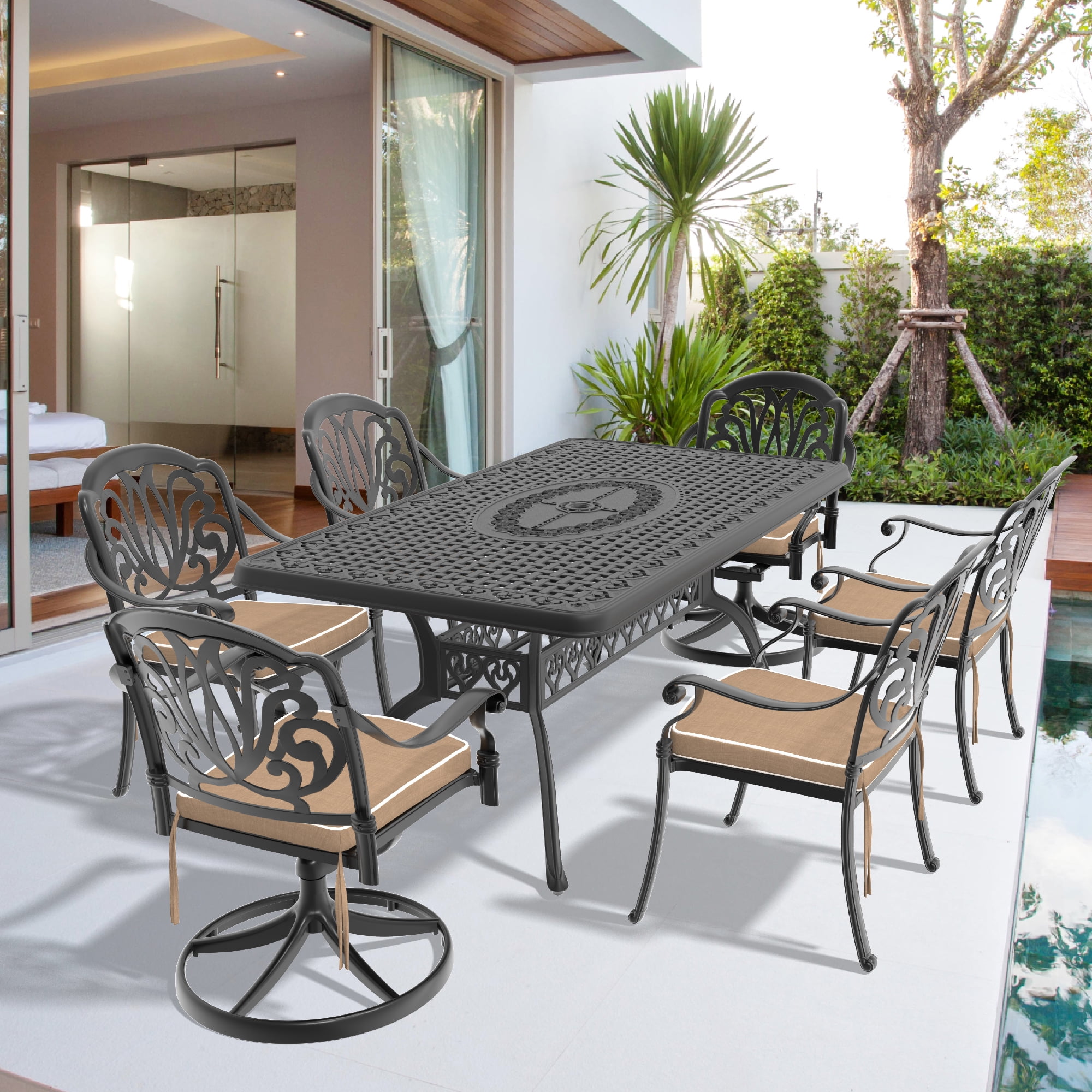 7-Piece All-Weather Cast Aluminum Dining Set: 2 Swivel Chairs, 4 Dining ...