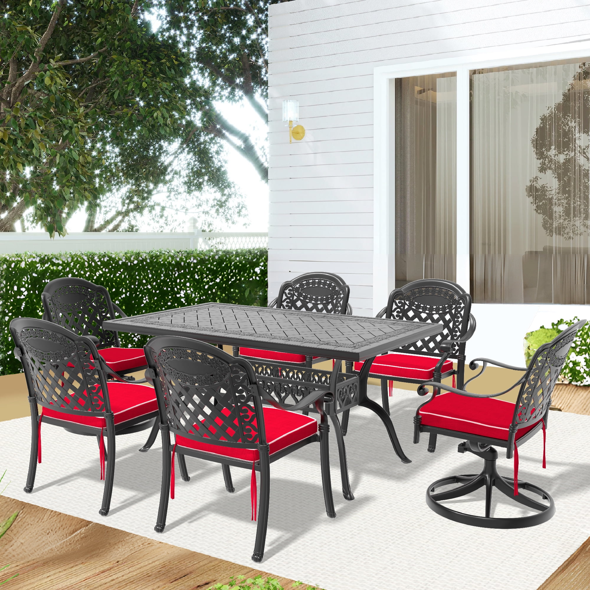 7-Piece All-Weather Cast Aluminum Dining Set, Include 2 Swivel Chairs,4 ...