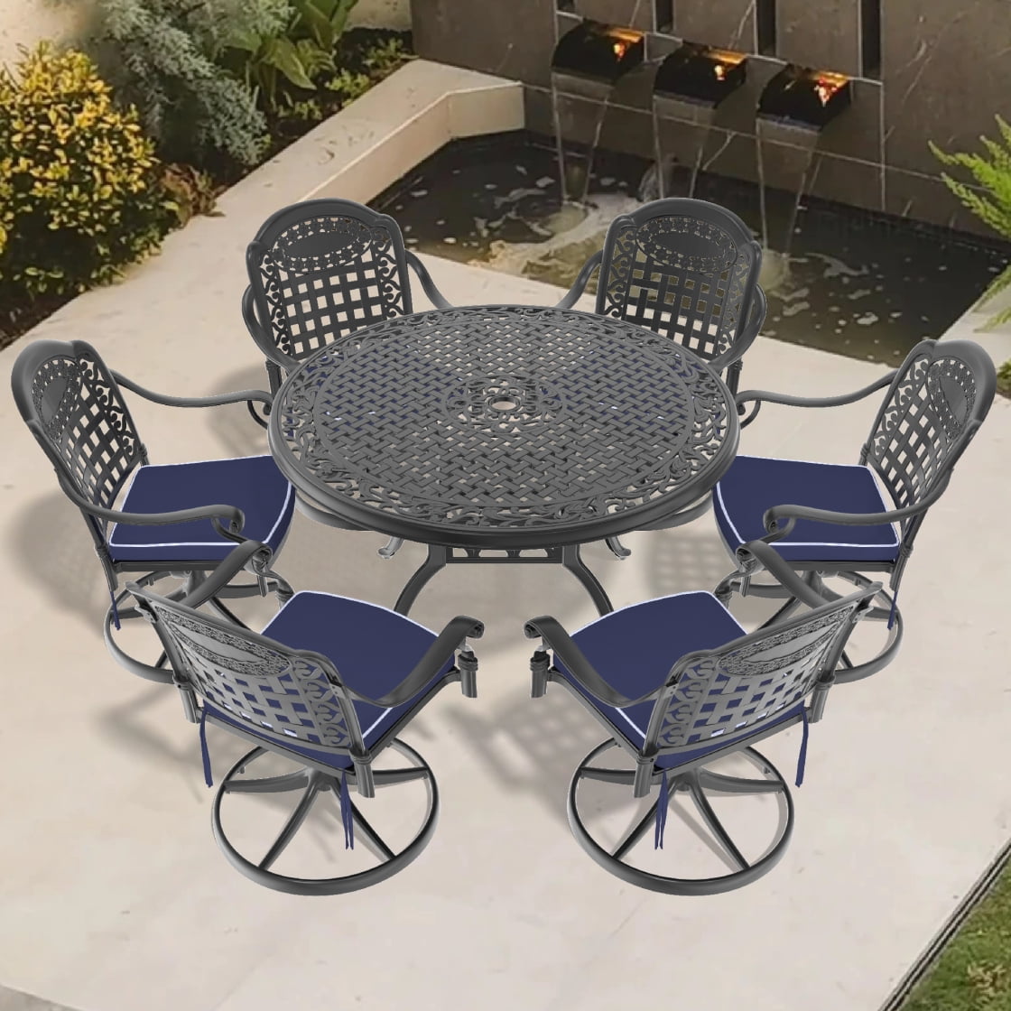 7-Piece All-Weather Cast Aluminum Dining Set with 6 Swivel Chairs and ...