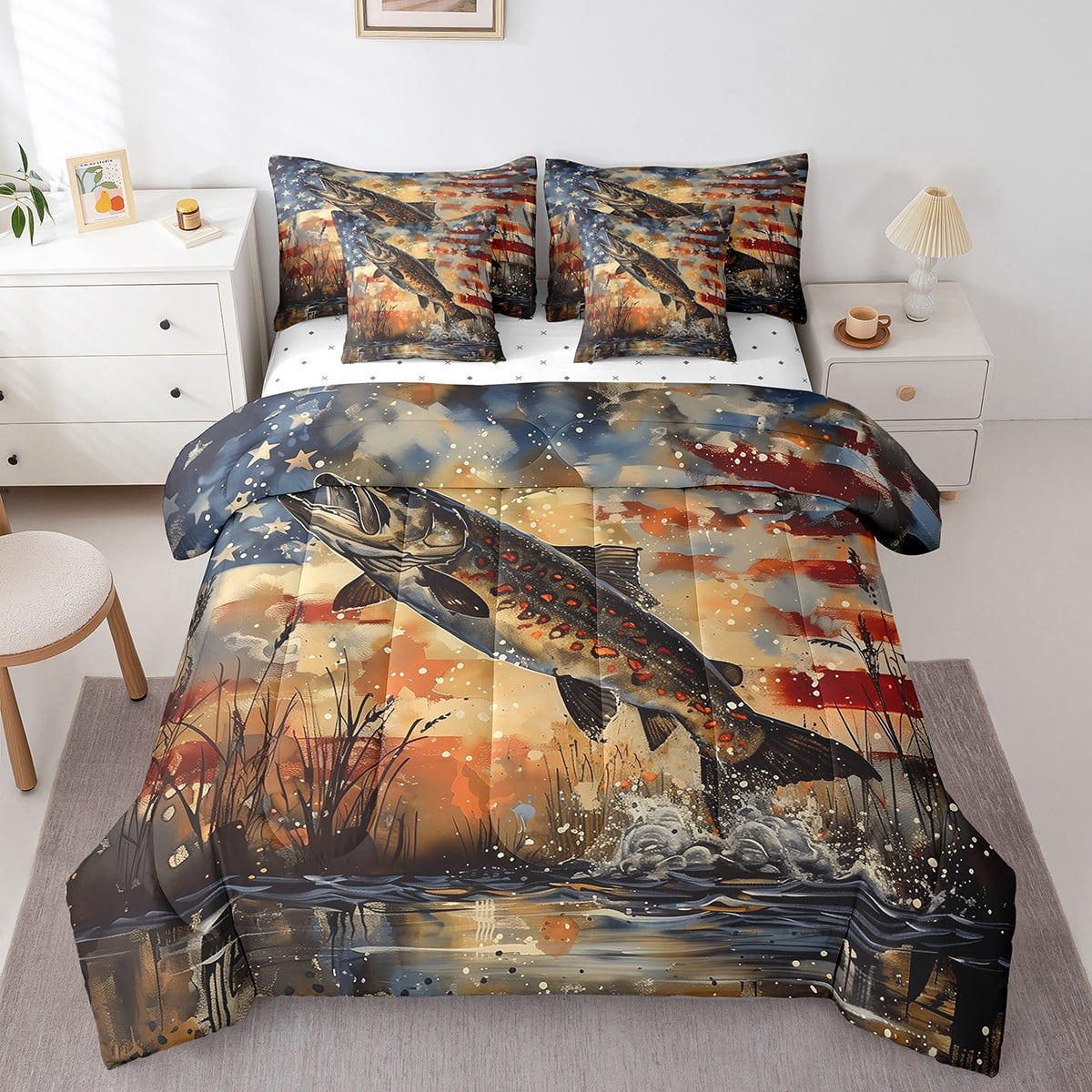 7-Piece American Flag Pike Fish Comforter Set King Size Boys Big Pike ...