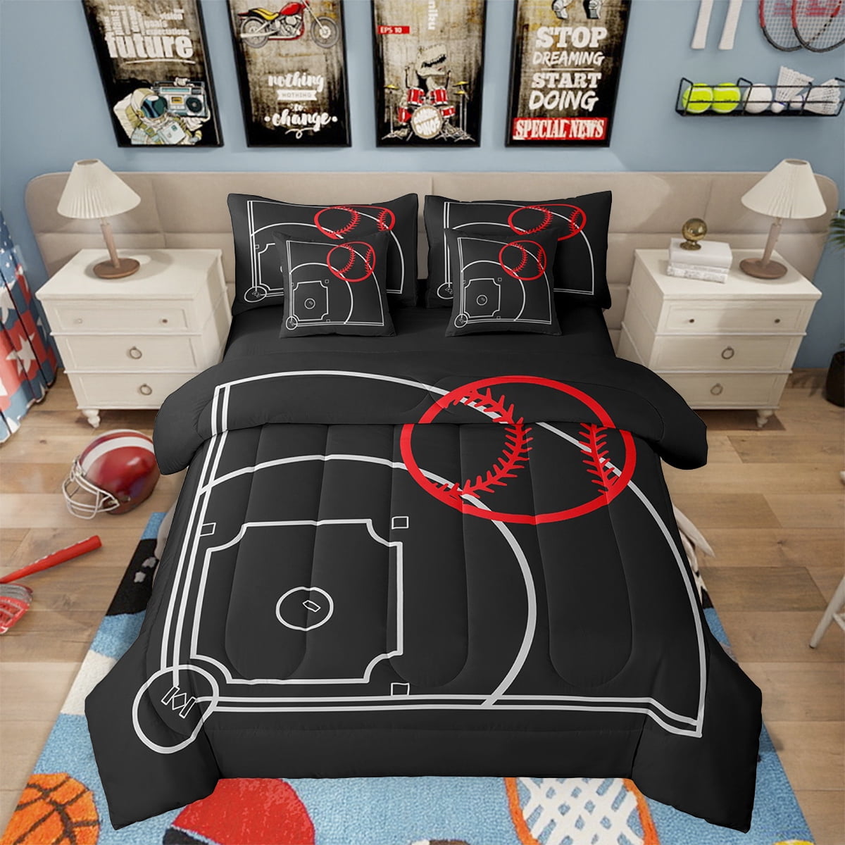 7 Piece Baseball King Bed in a Bag Sports Bedding Sets Teen Baseball ...