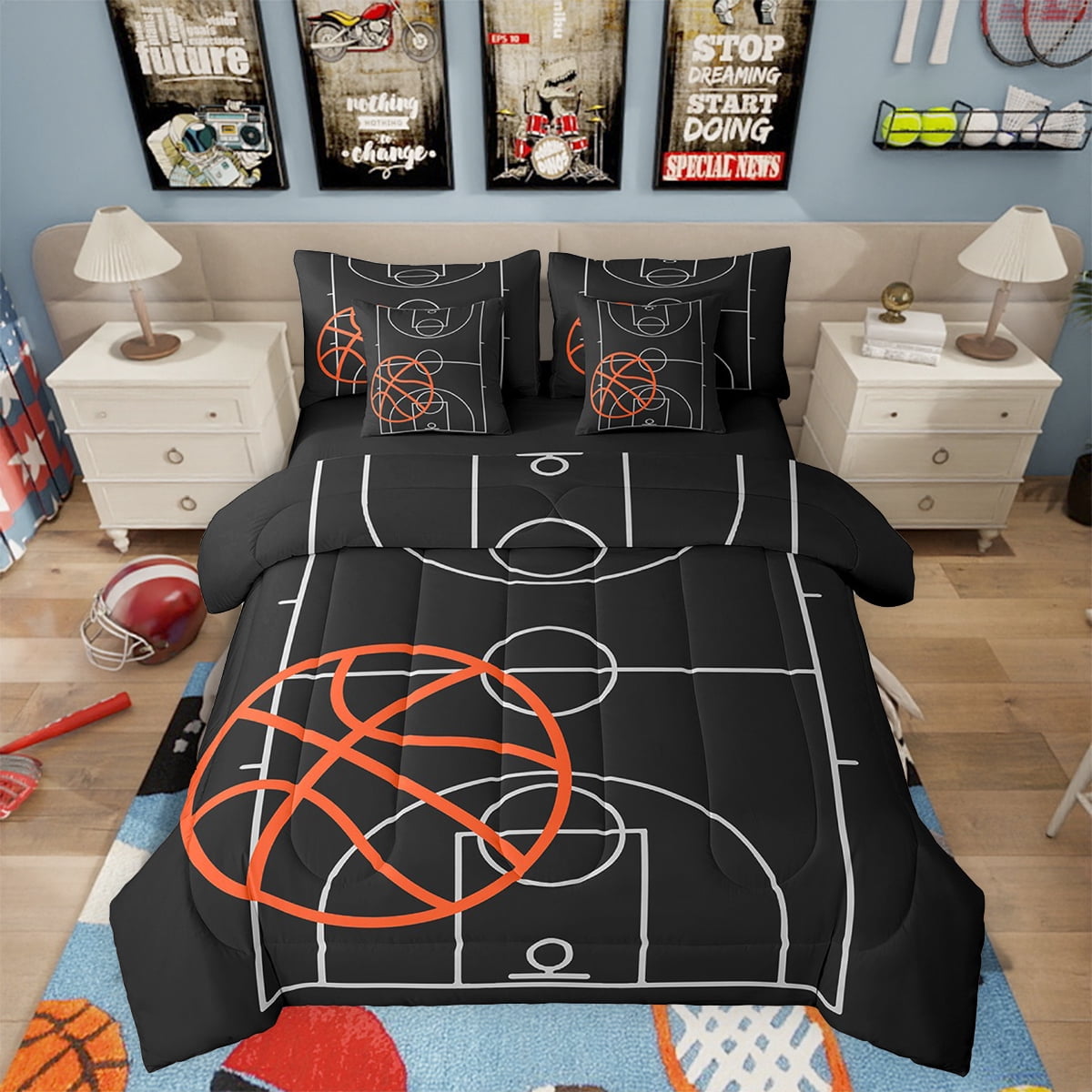 7 Piece Basketball Full Bed in a Bag Sports Bedding Sets Teen Basketball Field Print Comforter ...