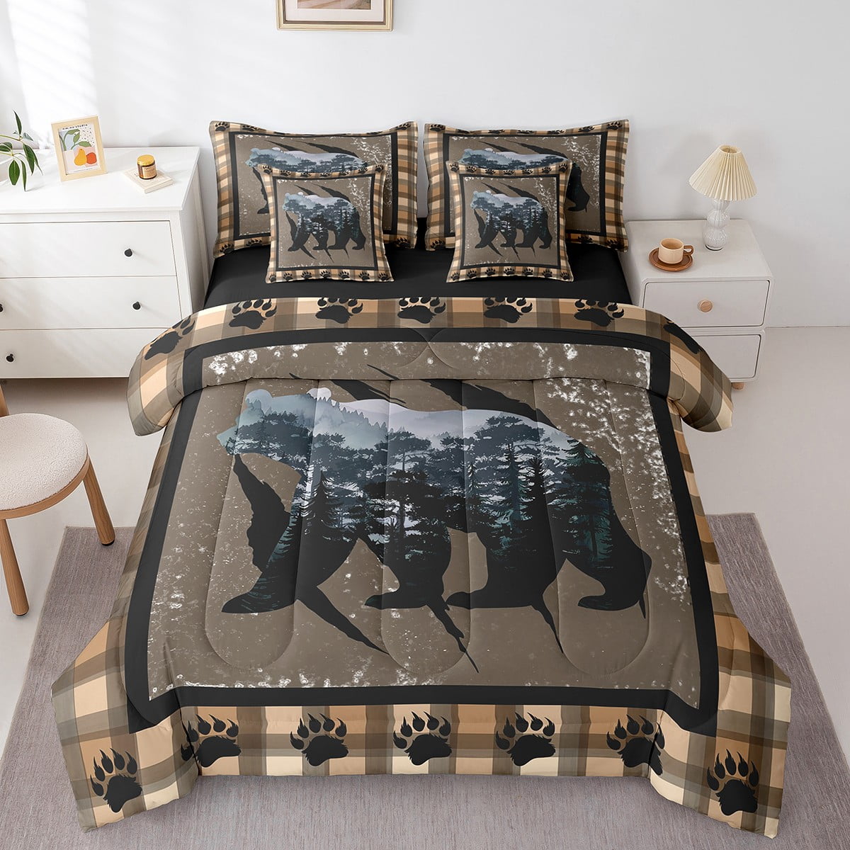 7 Piece Bear Bedding Sets King Size Rustic Bear Paw Print Bed in a Bag ...