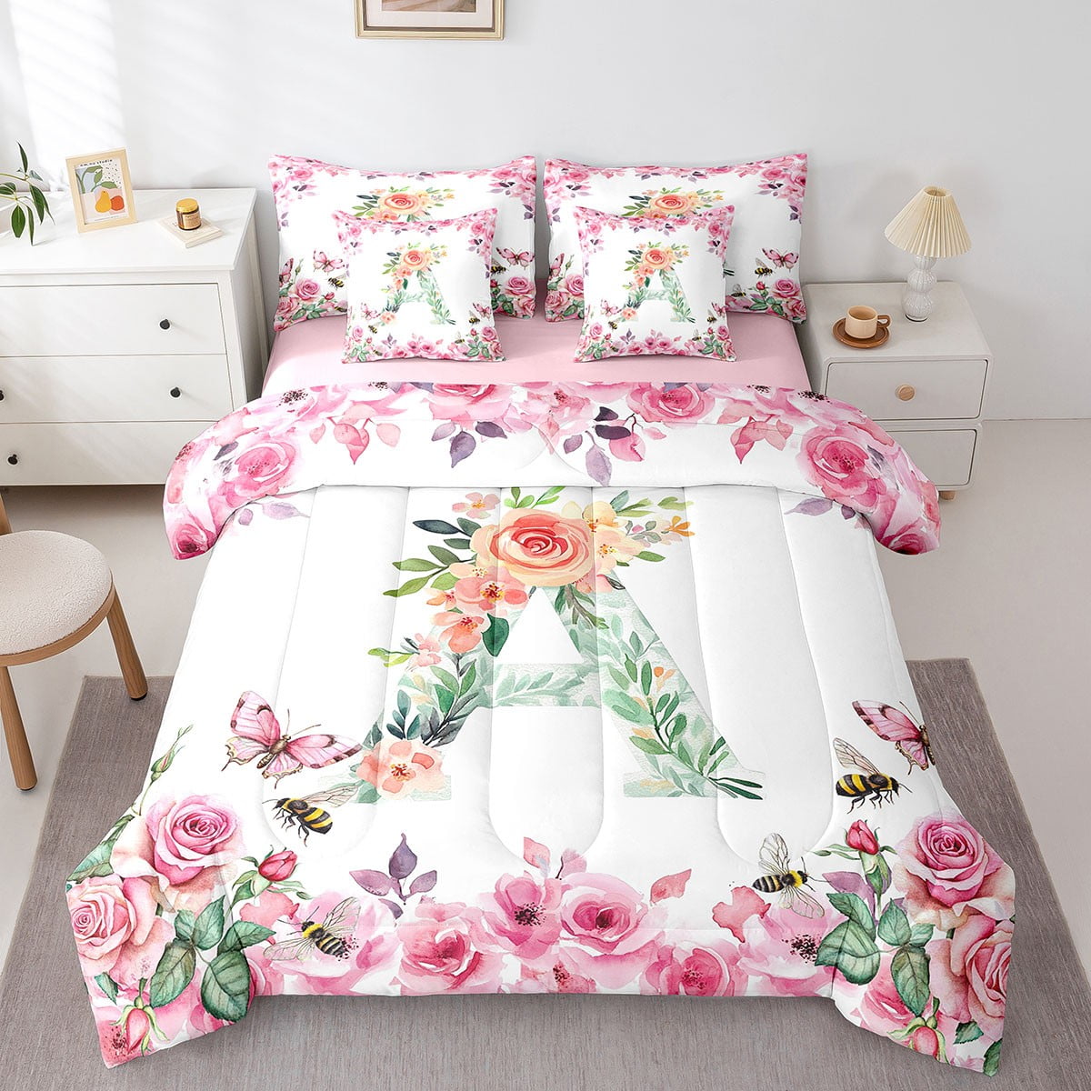 7 Piece Bed in a Bag Queen Size Comforter Set Floral A-Z Bedding Set ...