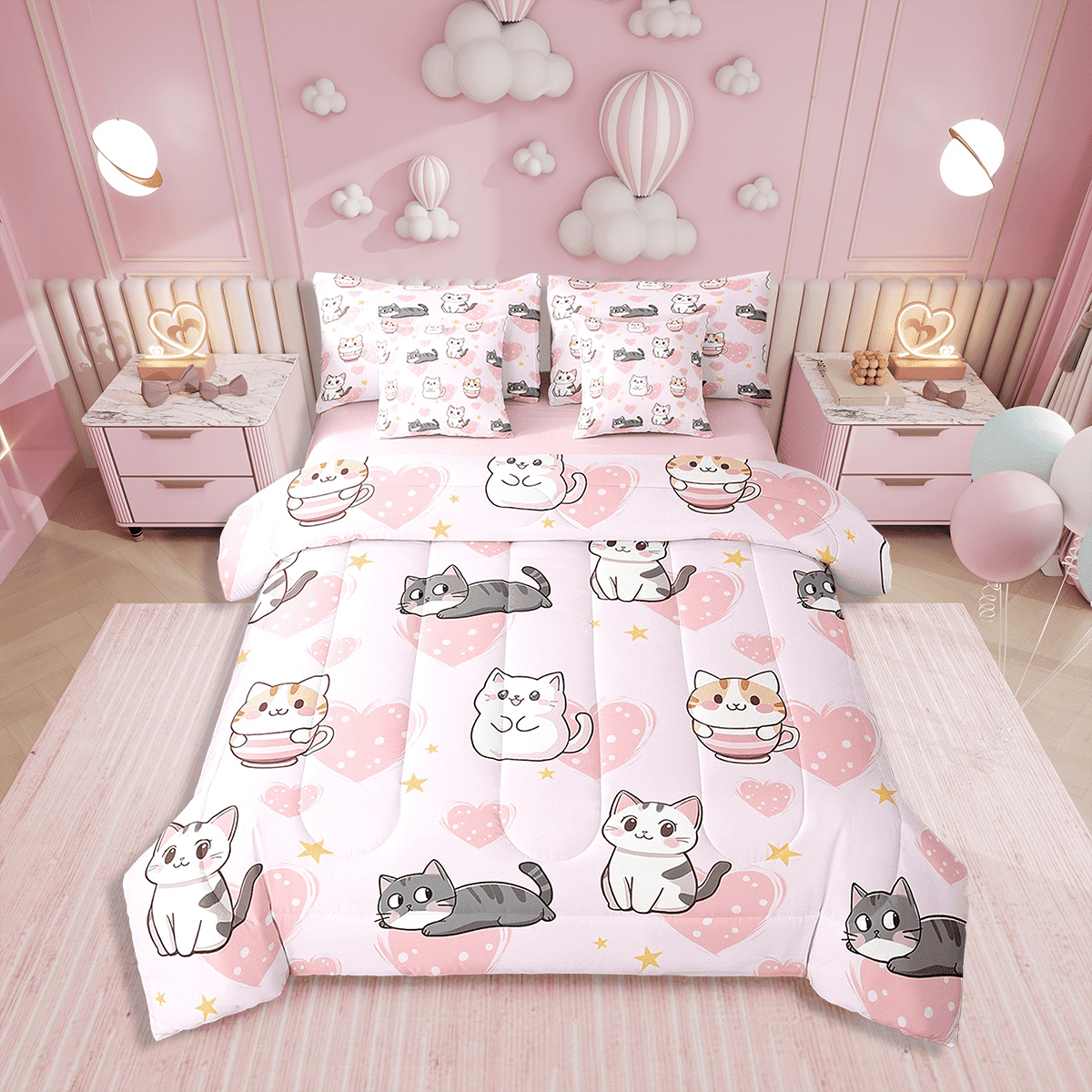 7 Piece Bed in a Bag Twin Size Comforter Set Cartoon Cat Bedding Set ...
