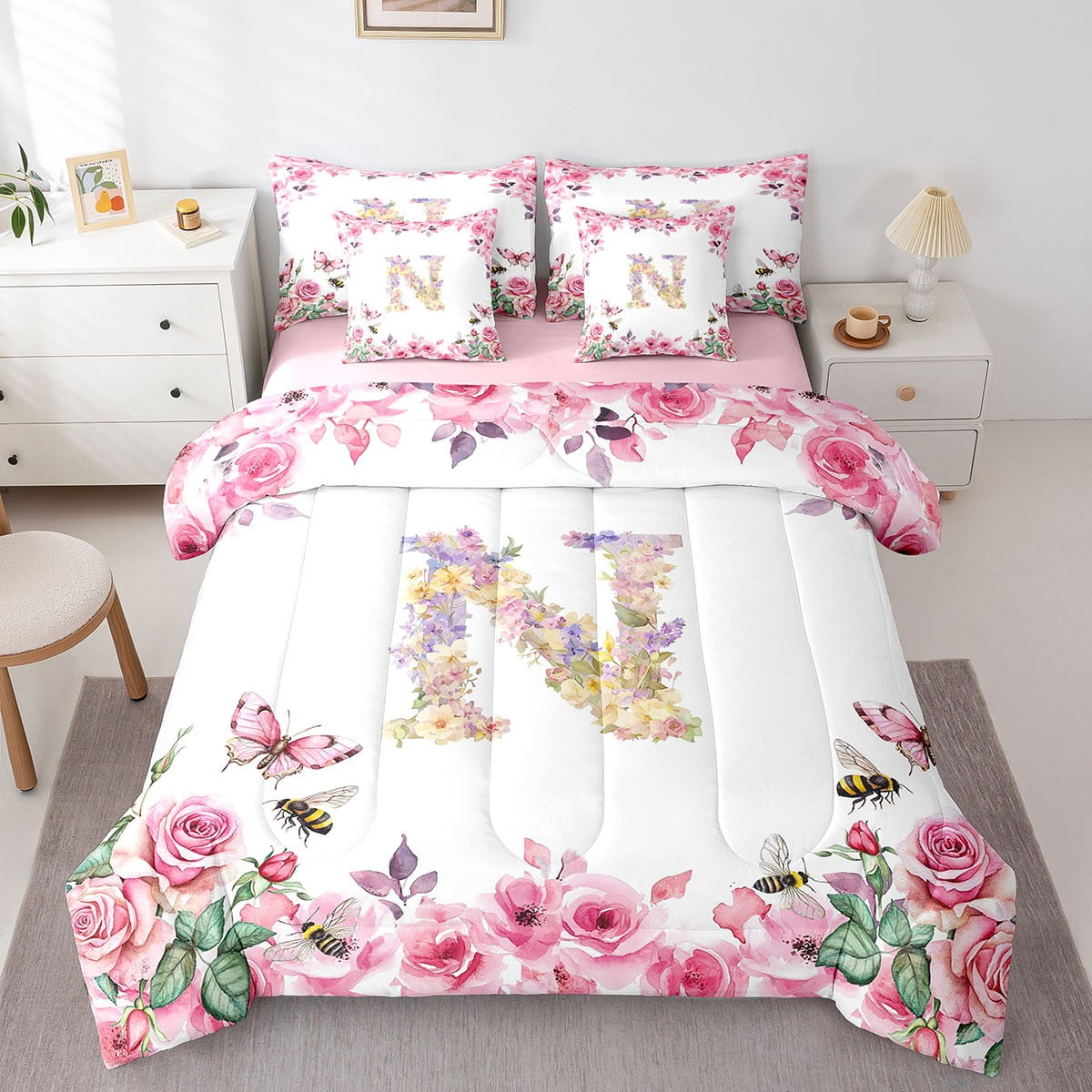 7 Piece Bed in a Bag Twin Size Comforter Set Floral A-Z Bedding Set ...
