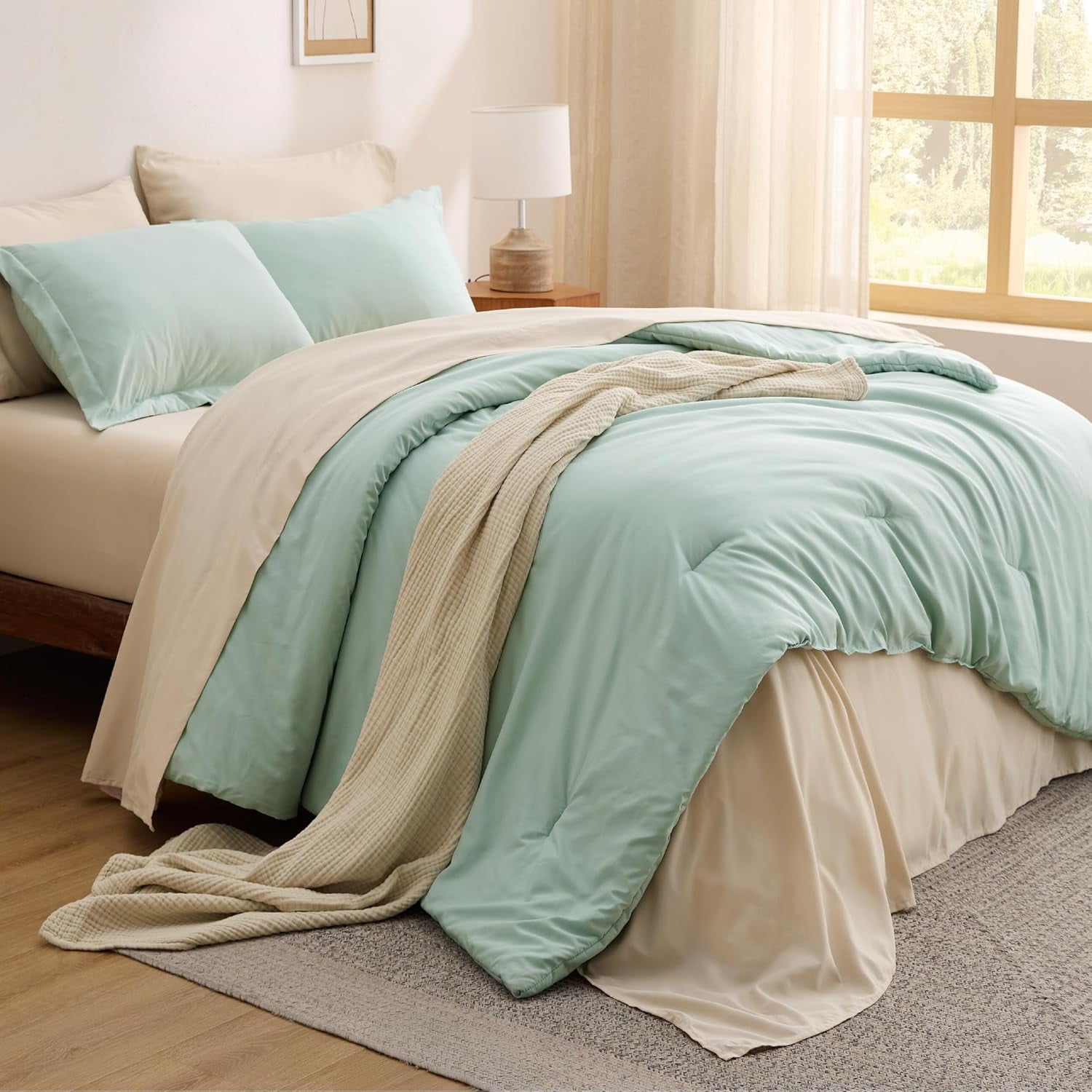 7-Piece Beige Boho Contrasting Design Queen Comforter Set, All Season ...
