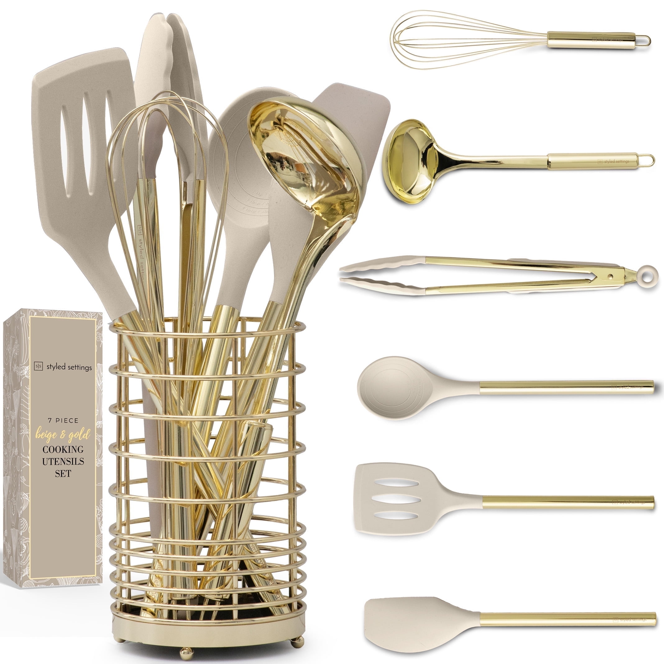 7-Piece Beige & Gold Kitchen Utensils Set – Non-Toxic Silicone ...