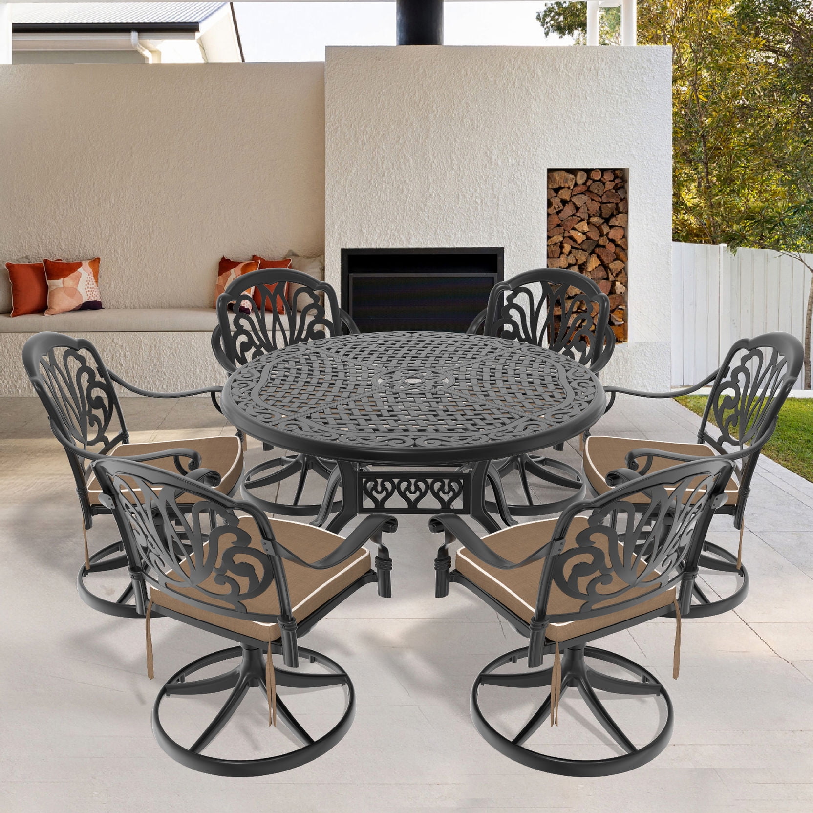 7-Piece Black Aluminum Swivel Chair Dining Set / Water-Resistant for ...