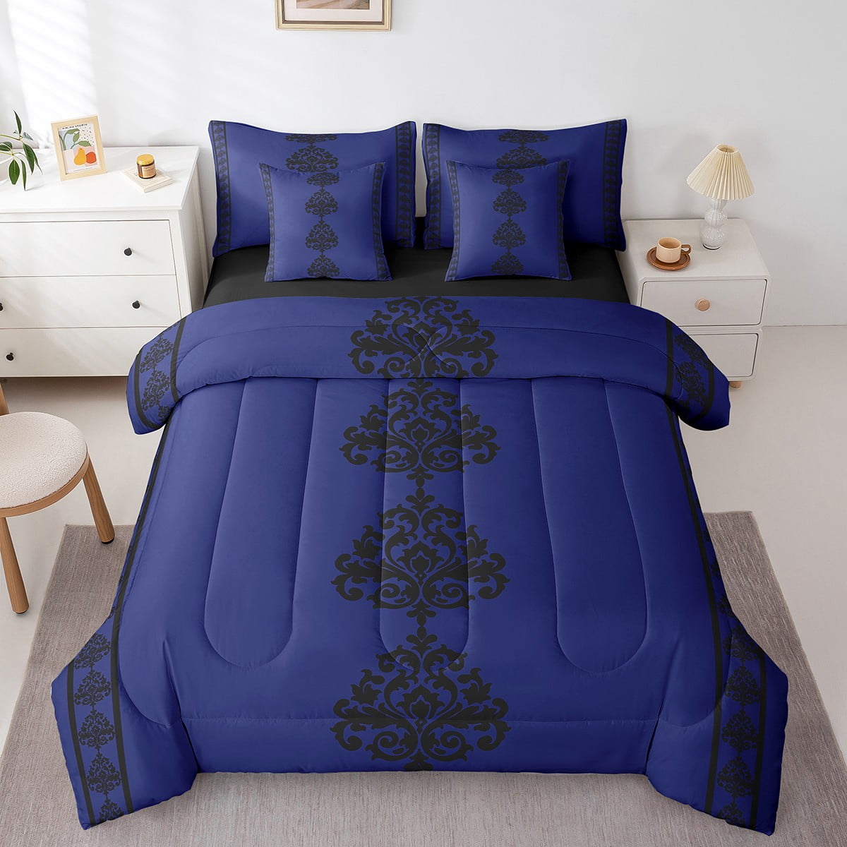 7 Piece Black Damask Bedding Sets King Boho Gothic Style Bedding Sets ...