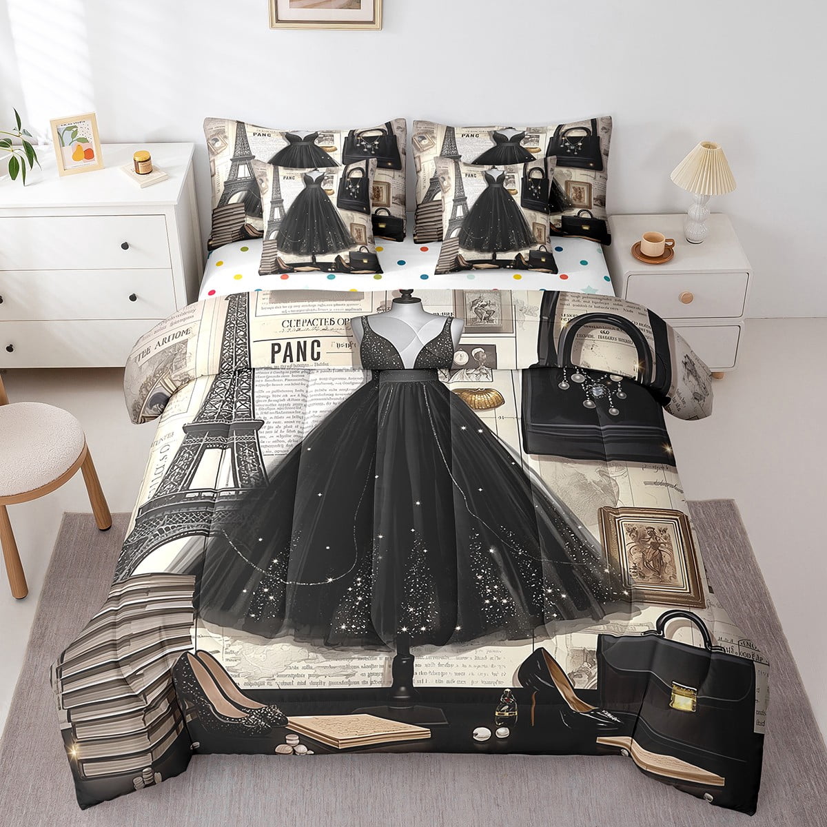 7 Piece Black Girly Dress Bed In A Bag Full Size Eiffel Tower Paris ...